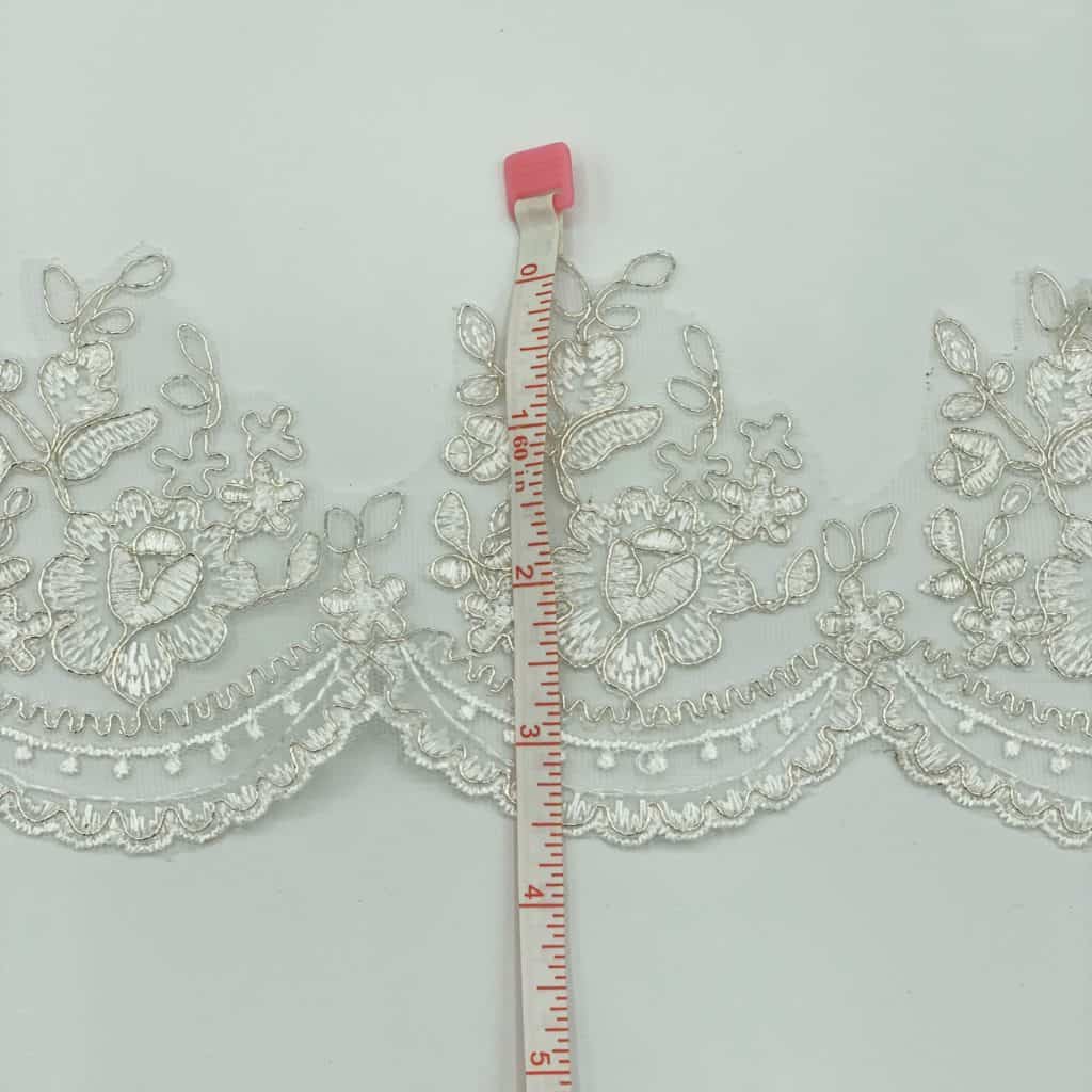 Emeline Ivory Silver Scallop Re Embroidered Floral Lace Trim - Shine Trim